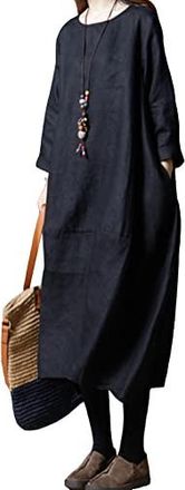 ORANDESIGNE Longue Caftan Femme Robe Lin Coton Boho Col Rond Ample Maxi Robe De Plage Casual Demi Manches Maxi Grande Taille Robe de Plage Bikini Cover Up Poncho 