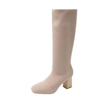 Generic Bottes mi-mollet en tricot extensible pour femme - &Eacute;l&eacute;gantes - Couleur unie - Respirantes - Talon &eacute;pais - Confortables - Chaudes - &Agrave; enfiler, kaki, 37