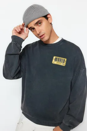 Trendyol MAN Herren Grau Slogan Lang Oversize Sweatshirts