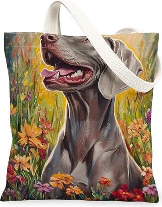 Generic Sac fourre-tout en toile motif chien Braque de Weimar printanier, 33 x 38,1 cm, motif fleurs color&eacute;es, sac d&eacute;picerie r&eacute;utilisable pour femme, peinture