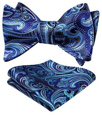 Hisdern Ensemble Noeud Papillon et Mouchoir pour Hommes Self Noeud Papillon Bleu a Fleuri Paisley Jacquard Bow Tie De Fete Mariage