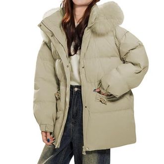 Generic Doudoune dhiver matelass&eacute;e pour femme - Manteau de neige chaud avec capuche amovible en fausse fourrure - V&ecirc;tement dext&eacute;rieur mignon, Gris/vert, XXL