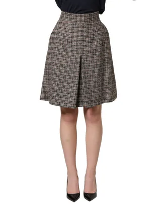 Dolce & Gabbana Womens Brown Tweed Kick Pleat High Waist Mini Skirt Alpaca Wool Nylon