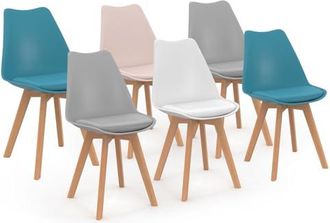 IDMarket Lot de 6 chaises scandinaves SARA Mix Color Pastel Rose, Blanc, Gris Clair x2, Bleu x2