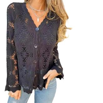 Generic Découpes brodées col en V et boutons à manches longues, pulls au crochet pour femmes, hauts et chemisiers en dentelle pour femmes, Noir, XXL