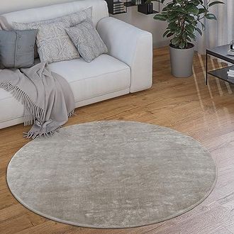 Paco Home Tapis Rond Salon Tapis Poil Ras Moderne Moelleux Lavable Monochrome, Dimension:120 cm Rond, Couleur:Gris