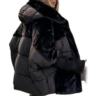 Generic Doudoune surdimensionnée pour femme à capuche légère en patchwork décontracté en polaire avec fermeture éclair - Veste dhiver chaude, Noir, 3XL