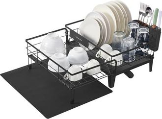 Songmics &Eacute;gouttoir &agrave; Vaisselle, Organisateur de Plan de Travail, Bec Rotatif &agrave; 360&deg; et Extensible, Bac d&Eacute;gouttement, Porte-Couverts, 31-56 x 42 x 20 cm, Noir d