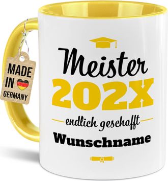 Tassendruck Tasse mit Spruch - Meister - Endlich geschafft - mit Name & Abschlussjahr selbst gestalten - Geschenk zur bestandenen Meisterpr&uuml;fung, Innen & Henkel G