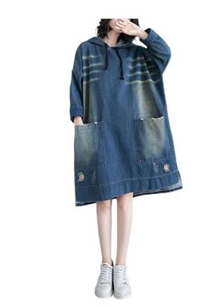Generic Robe ample rétro à manches longues en jean avec cordon de serrage pour femme, bleu, M