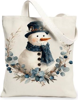 Generic Sacs fourre-tout en toile motif bonhomme de neige, sacs de courses r&eacute;utilisables, mignons, festifs, l&eacute;gers et lavables, bandouli&egrave;re C, Blanc, 13x15 In