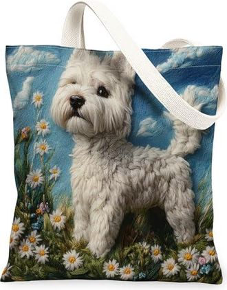 Generic Spring Westie Sac fourre-tout en toile r&eacute;utilisable pour faire du shopping 33 x 38,1 cm, style tricot&eacute;, sac d&eacute;picerie r&eacute;utilisable pour femme, animal 