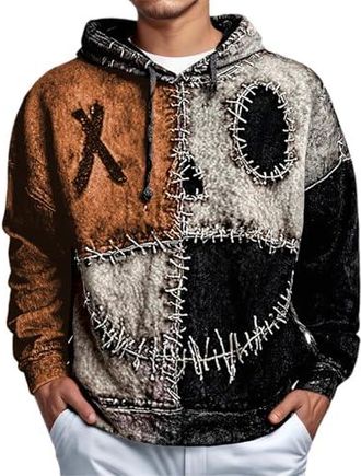 Generic Sweat à Capuche tricoté dhalloween pour Homme avec Visage de Citrouille teinté Graphique Pull Tops décontracté à Capuche Manches Longues Costumes de V