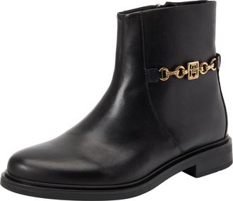 Tommy Hilfiger Damen Mid Boot Stiefel Chain Low Bootie aus Leder, Schwarz (Black), 36