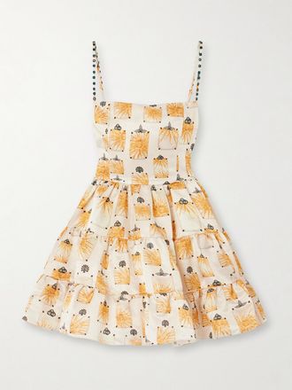 Agua Bendita Lima Minikleid Aus Bedruckter Faille Aus Einer Leinen-seidenmischung - Creme
