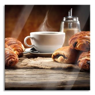 Pixxprint Glasbild, Wandbild auf Echtglas, Croissant zum Kaffee, 50x50 cm, inkl. Aufhängung und Abstandshalter
