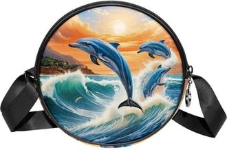 Generic Petit sac &agrave; bandouli&egrave;re rond pour femme, motif dauphins oc&eacute;aniques, avec fermeture &eacute;clair, bretelles r&eacute;glables, sac &agrave; main rond d&eacute;contract&eacute; pour femme