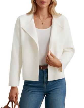 Grace Karin Damen Strickjacke Kurz Elegante Festlich Langarm Bolero Reverskragen Elegant Cardigan mit Knöpfe CL26-02/Weiß XL