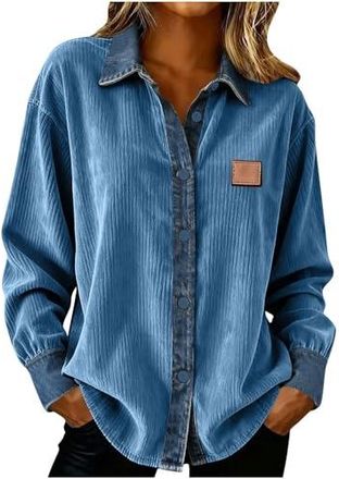 Generic Chemises en velours c&ocirc;tel&eacute; pour femme - Style d&eacute;contract&eacute; - Col patchwork - En velours c&ocirc;tel&eacute; - Pour le printemps - Patchwork - Boutons en denim, bleu
