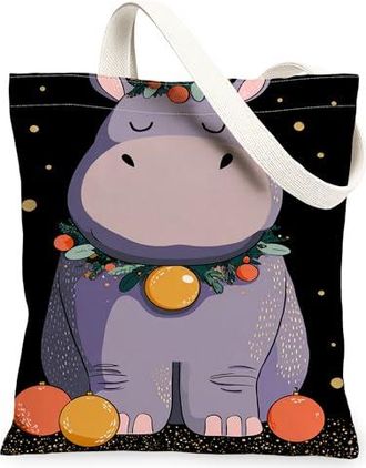 Generic Sacs fourre-tout en toile motif hippopotame fantaisie, sacs d&eacute;picerie r&eacute;utilisables, l&eacute;gers et lavables avec bandouli&egrave;re, violet, 13x15 Inch