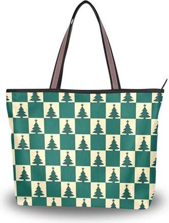 Alaza Grand sac fourre-tout, sac à bandoulière pour femme, sac à main décontracté de grande capacité, sac à main décontracté, motif damier vert, arbre de No