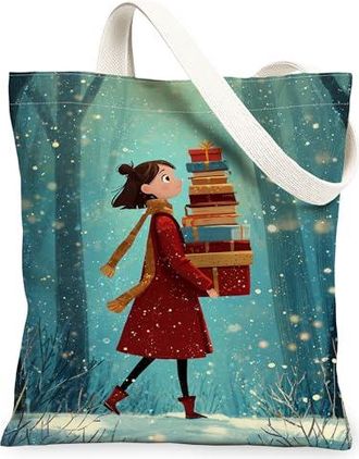 Generic Sacs fourre-tout en toile pour cadeaux de Noël, motif vacances fantaisie, sacs dépicerie réutilisables, vintage, légers et lavables, Rouge, 13x15 Inch