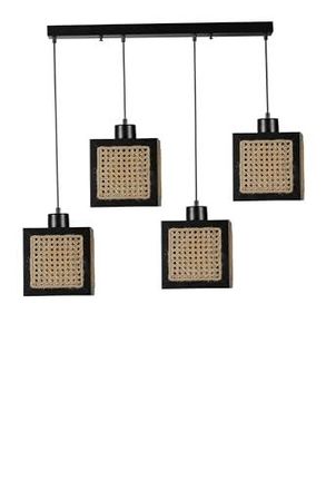 Opviq Elegant FIR Wood Chandelier with Natural Rattan Cap, Adjustable Height, 70 cm Total Height, E27 Socket, Black & Rattan Finish | Perfect for Modern Spa