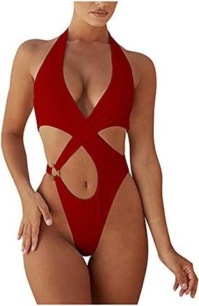 Generic Maillots De Bain Une Pieces Femme Taille Haute Tenue de Bain à Ventre dune Seule pièce Plus Swimwears Ensemble Tankinis (Red, M)