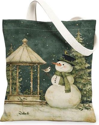 Generic Sacs fourre-tout en toile motif bonhomme de neige dhiver, vintage, rustique, sacs d&eacute;picerie, r&eacute;utilisables, l&eacute;gers et lavables avec bandouli&egrave;re pour s