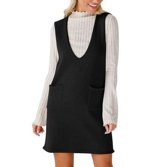 Generic Robe pull courte sans manches avec col en V et double poche pour femme, robe d&eacute;t&eacute;, robe ample, style boh&egrave;me, robe ample, essentiels de vacances pour f