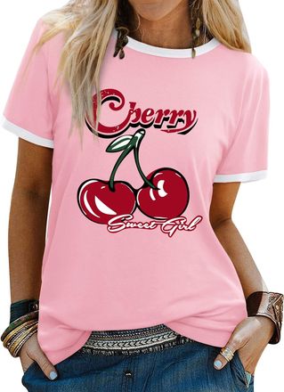 Dresswel Tshirt Damen Sweet Girl Cherry Druck Kurzarm T-Shirt Sommer Oberteile Tops Rundhals Bedruckte L&auml;ssig Tee Shirts