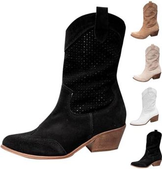 Generic Bottes de cowgirl pour femme - Bottes de cowboy &agrave; hauteur du genou - Bottes de cowboy &agrave; mollet large - En daim - &Agrave; enfiler - Talon &eacute;pais - Bout pointu