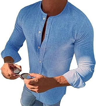 ORANDESIGNE Chemises Casual Homme Eté Chemise à Manches Courtes en Jean Slim Fit Col V Couleur Uni Shirt Tops Plage Chemise à Manches Longues en Lin Confortable R