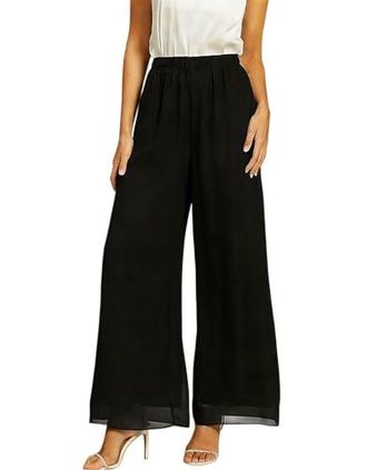 Generic Pantalon de plage en mousseline de soie pour femme - Jambes larges - Taille &eacute;lastique - Double couche, Noir, XXL