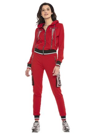 Cipo & Baxx Damen Jogginganzug WLR134 Rot - Zweiteiliges Set aus Kapuzenjacke und Jogginghose mit modischem Design, hohem und sportlich-femininer Passform - WLR13