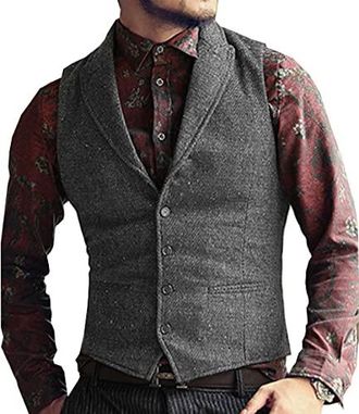 Solovedress Gilet Costume Homme Vintage Sans Manche Mariage Tweed Revers cranté La laine(Gris, XL)