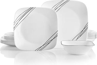 Corelle Corelle 18-teiliges Tafelservice, einfache Skizze, schwarz und wei&szlig; f&uuml;r 6 Personen, splitterfestes Geschirr, inklusive 26 cm quadratischen Speisetelle