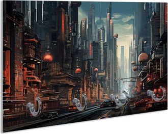 Wallario Schlüsselbrett aus Glas 30 x 20 cm, Wand Schlüsselhalter mit 4 Haken, Motiv: Technologie-Metropole