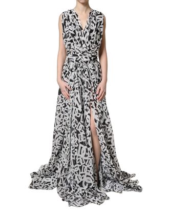Dolce & Gabbana Womens Black White Logo Sleeveless Floor Length Maxi Dress And Polyester