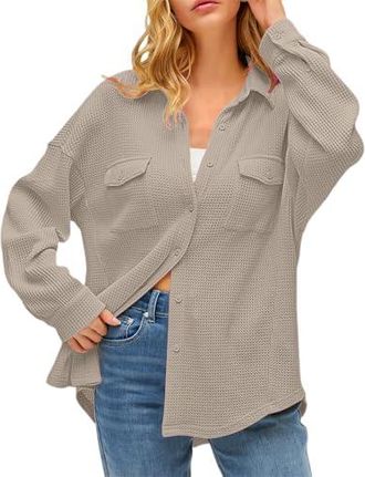 Generic Vestes pour femmes 2026 en velours c&ocirc;tel&eacute;, chemisiers boutonn&eacute;s, manches longues, hauts &agrave; manches longues, beige, XXL