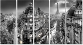 Islandburner Bild auf Leinwand Schwarz-Wei&szlig; Wandbild Paris mit Eiffelturm und Stadtansicht - 5-teilig XXL