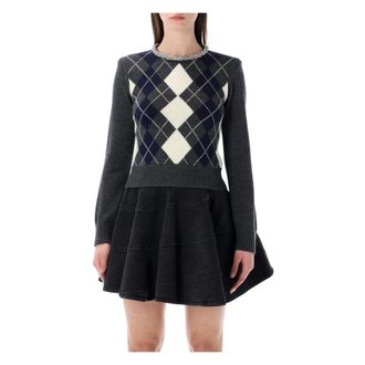 Self Portrait Femme, Pulls, Gris, Taille: 40 FR Pull en Maille Losanges Orn&eacute; de Cristaux