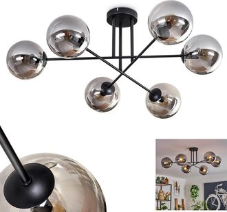 HOFSTEIN Deckenleuchte Gastor, Deckenlampe aus Metall/Glas in Schwarz/Rauchfarben, Leuchte im modernen Retro/Vintage-Design mit Schirmen aus Glas (&Oslash; 15 cm), 6 