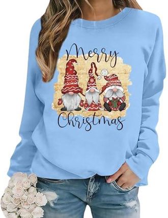 Generic Chandail de No&euml;l pour femme - Chandail &agrave; col rond et manches longues - Sweat-shirt nain mignon pour voyage, quotidien, streetwear, bleu clair, XL