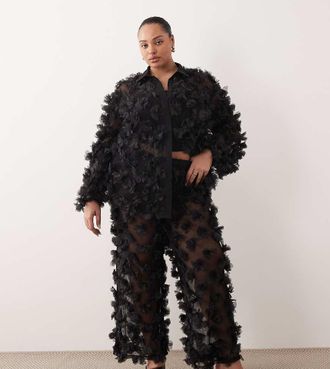 Asos Curve - Pantalon densemble en tulle avec fleurs en 3D - Noir
