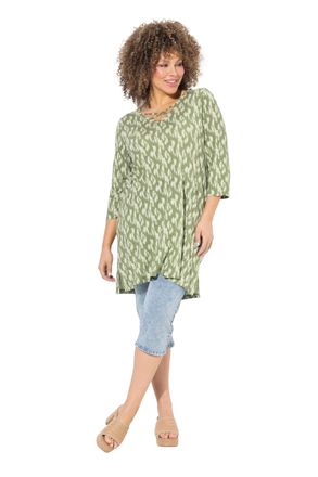 Ulla Popken Damen große Größen Übergrößen Plus Size Longshirt, A-Linie, Zierbänder, V-Ausschnitt, 3/4-Arm olivgrau 50+ 837924200-50+