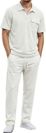 Generic Tenue d&eacute;contract&eacute;e &agrave; manches courtes pour homme avec chemise et pantalon de couleur unie 2 pi&egrave;ces avec poches, blanc, 3XL