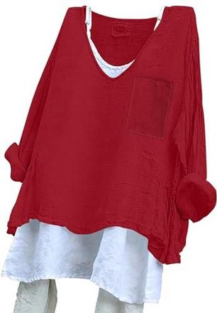 Generic Chemisier Femme Coton Et Lin Chic Et Elegant D&eacute;contract&eacute;s Chemisiers Et Blouses D&eacute;t&eacute; &Agrave; Manches Longues Col V Loose Top Legers Respirant Tunic Mode Cot