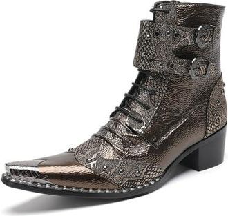 Generic Bottes de cowboy décontractées en cuir véritable pour homme, bottes de moto rock à pointe en métal, bottes occidentales tendance pour mariage, bar, fê