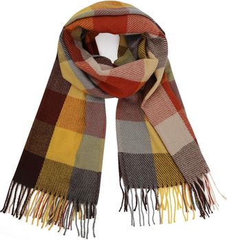 Glamexx24 Damen Winter Kariert Schal, Strickset Schal &uuml;bergro&szlig;er Quadratisch Deckenschal Halstuch Streifen Muster Fransen Ponch, Gelb-Braun-Orange